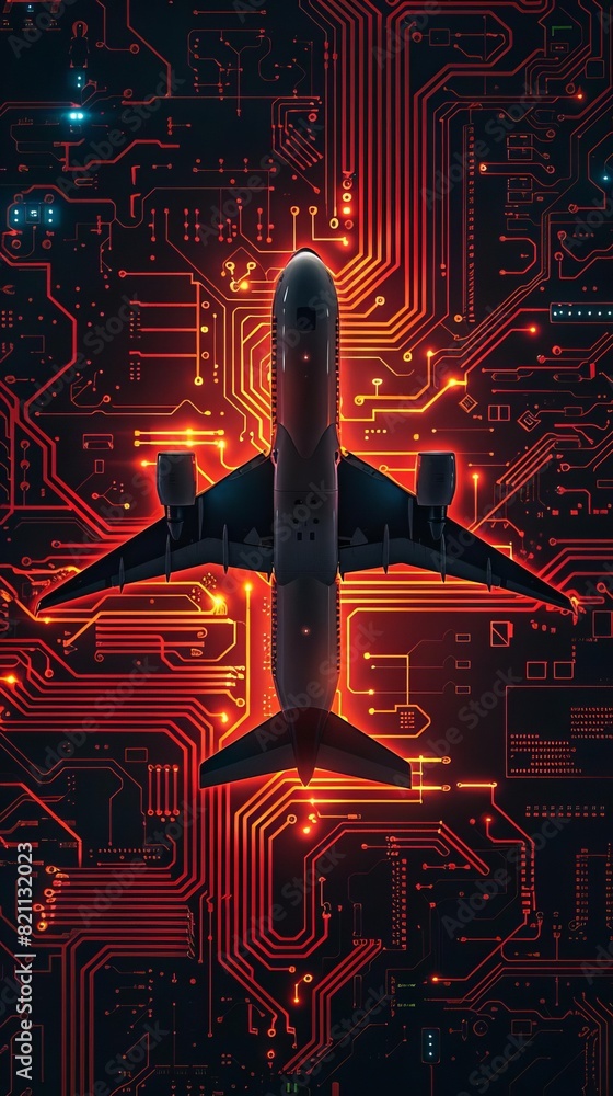 Illustration of an electric jet plane symbol overlaid on an electronic ...