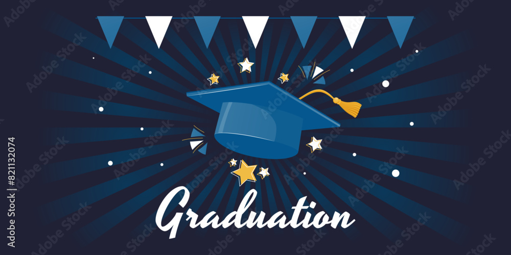 Graduation blue background with graduation cap, stars, confetti ...
