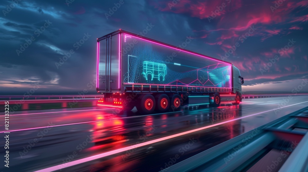 An autonomous self-driving lorry truck, pulling a cargo trailer, drives ...