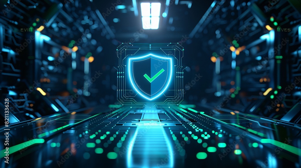 Blue digital background with glowing green check mark in the center ...