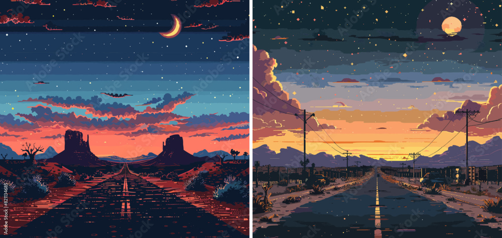 Desert highway pixel art vector illustration. Road sunset sky sun ...