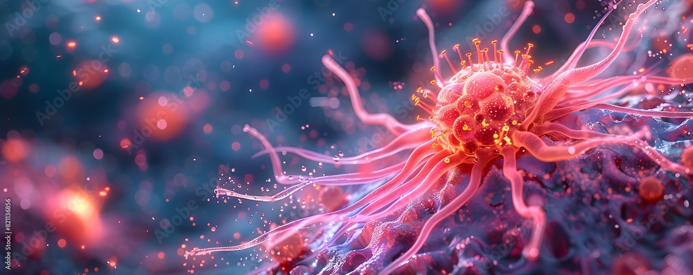 3D representation of a cancer cell with highlighted pathways where the ...
