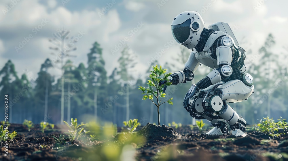 Robot planting trees in a deforested zone, showcasing the combination ...