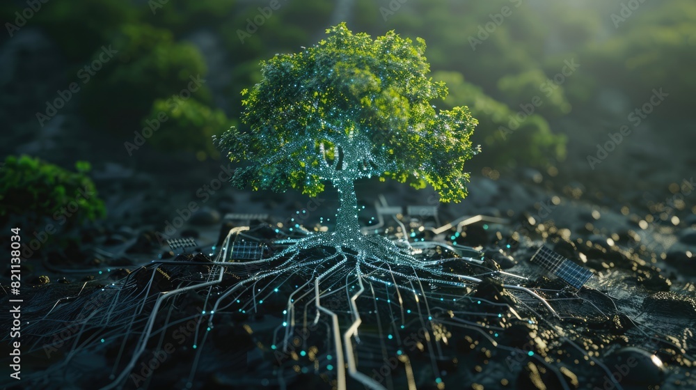 Tree with solar leaves and CO2 storage roots, representing the synergy ...