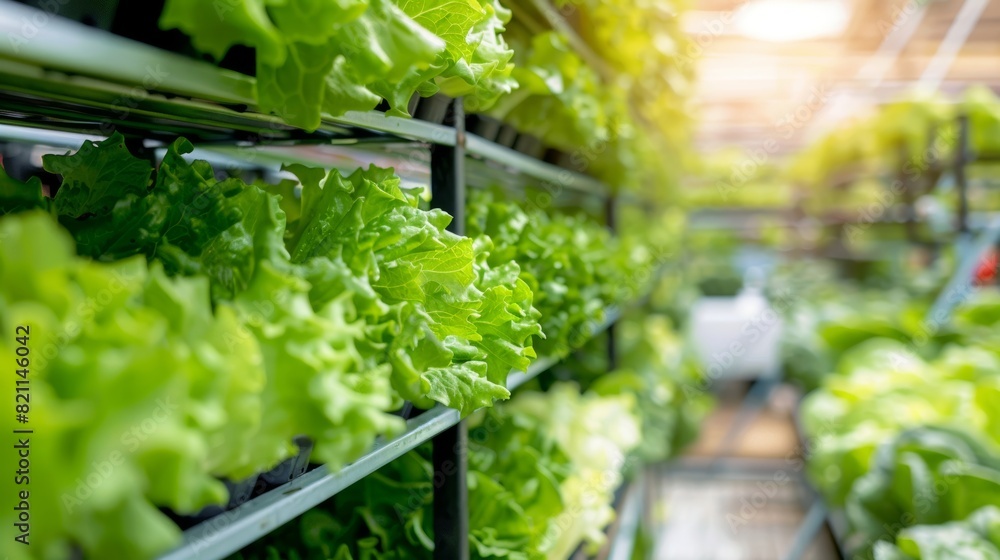 Racks of vertically stacked green crops grown in a hydroponics system ...