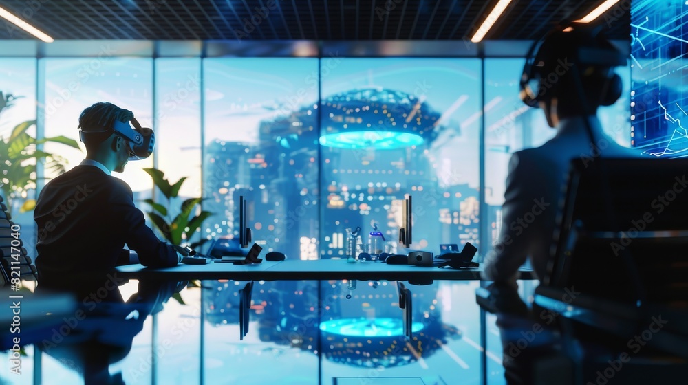 Rendering of a corporate business meeting in a VR office setting. POV ...