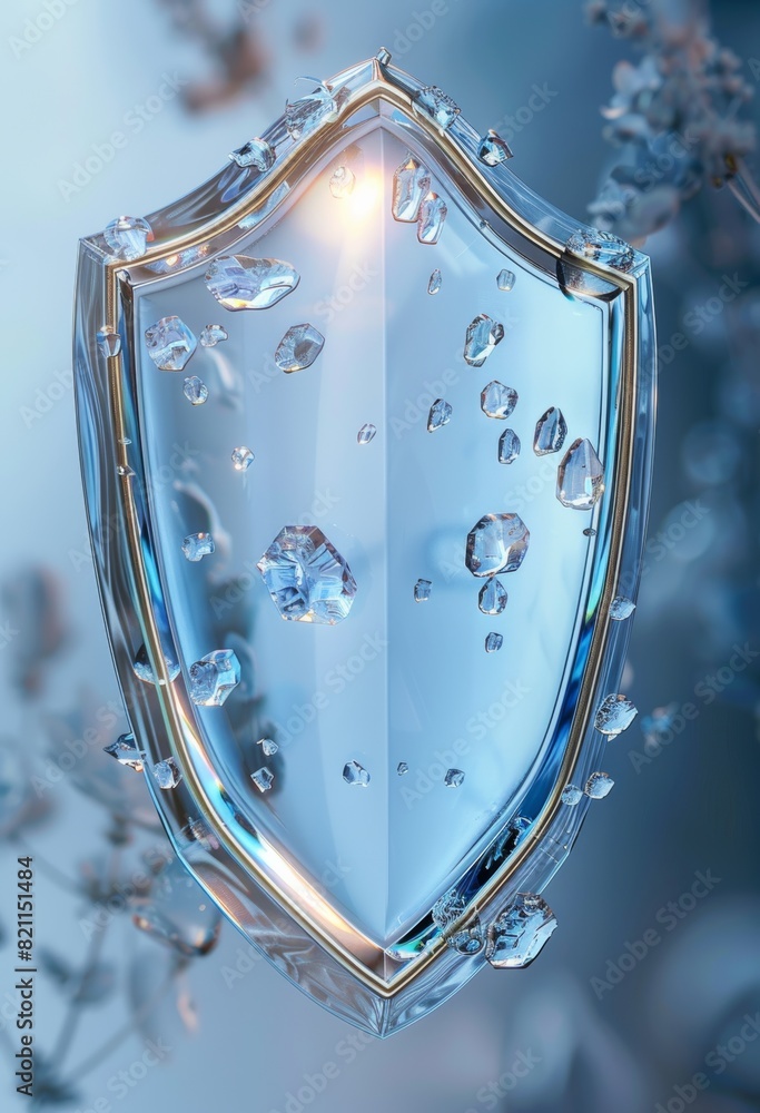 Shield made of glass floating in the air, light blue and white gradient ...
