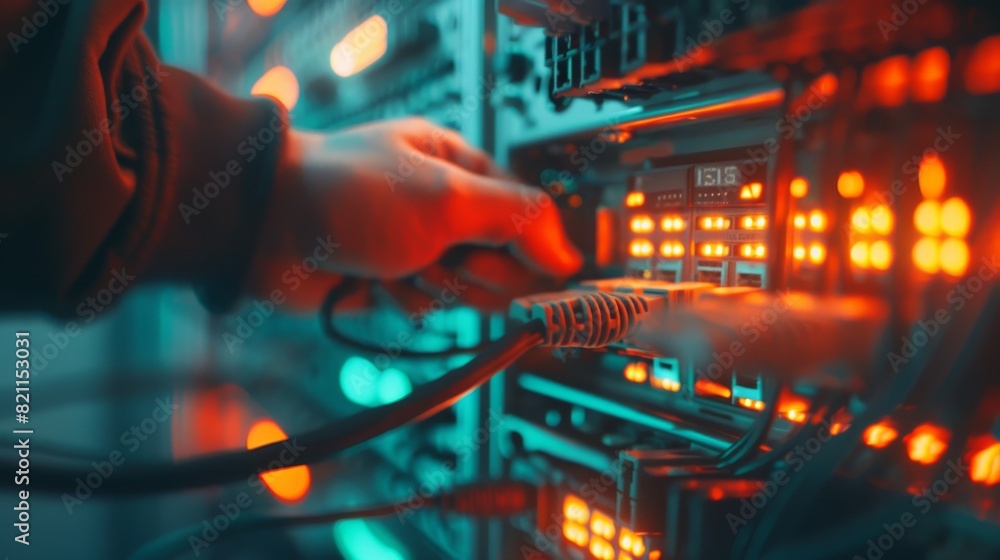 IT Administrator plugs in RJ45 Internet Connector into LAN Router ...