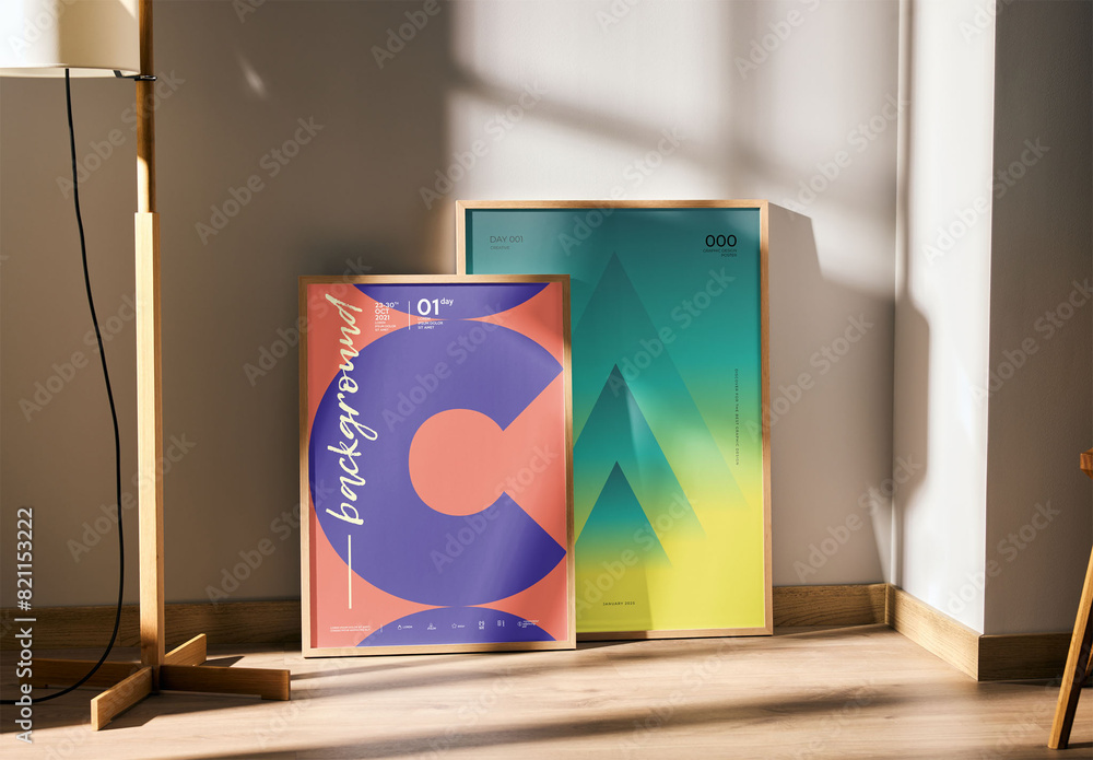 Mockup of two customized vertical picture frames on floor Stock ...