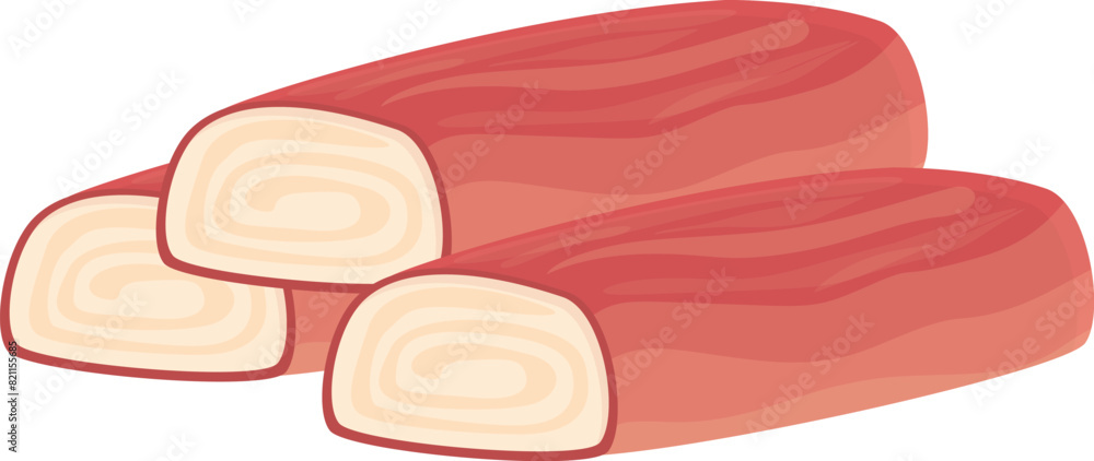 Cartoon image of three red and white deli meat sticks, isolated on ...
