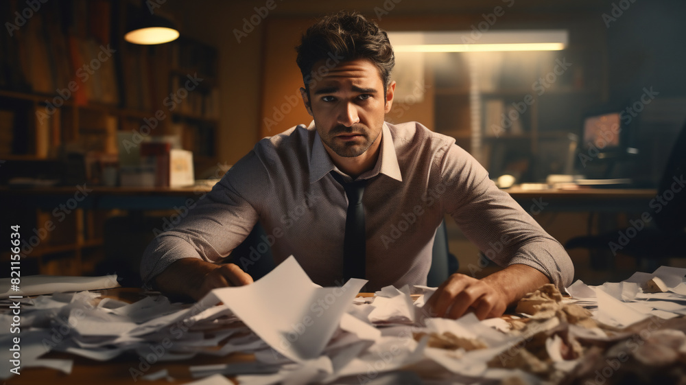 A tired and frustrated young adult and Latin business man is standing ...