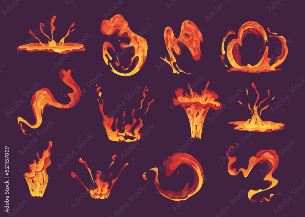 Lava splashes. Bulbs of burning liquid flowing volcano lava exact ...