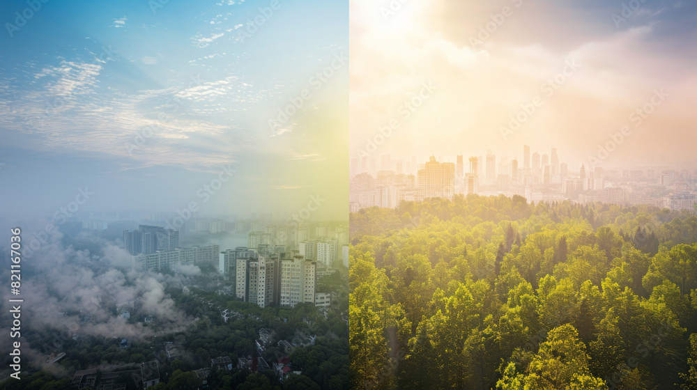 award winning photography, billboard advertisement, City Pollution vs Clean Air On the left, a ...