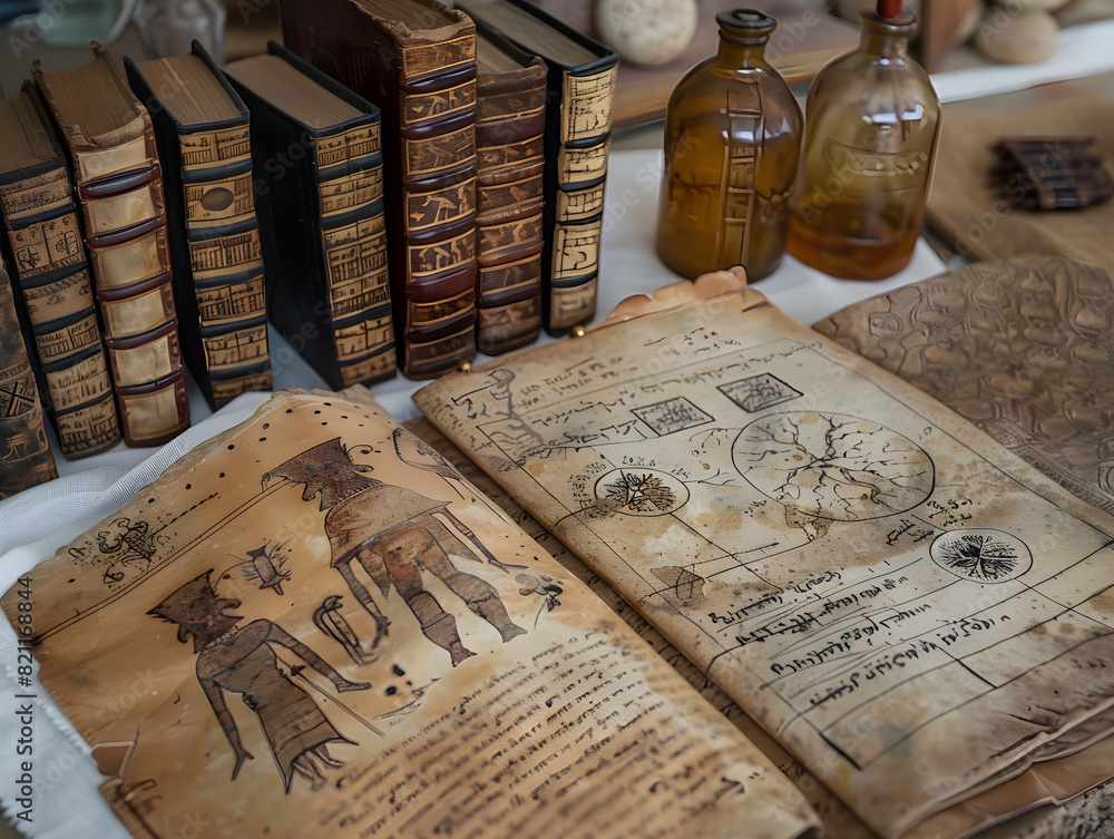 Intriguing Array of Vintage Books and Manuscripts Featuring Hand-Drawn ...