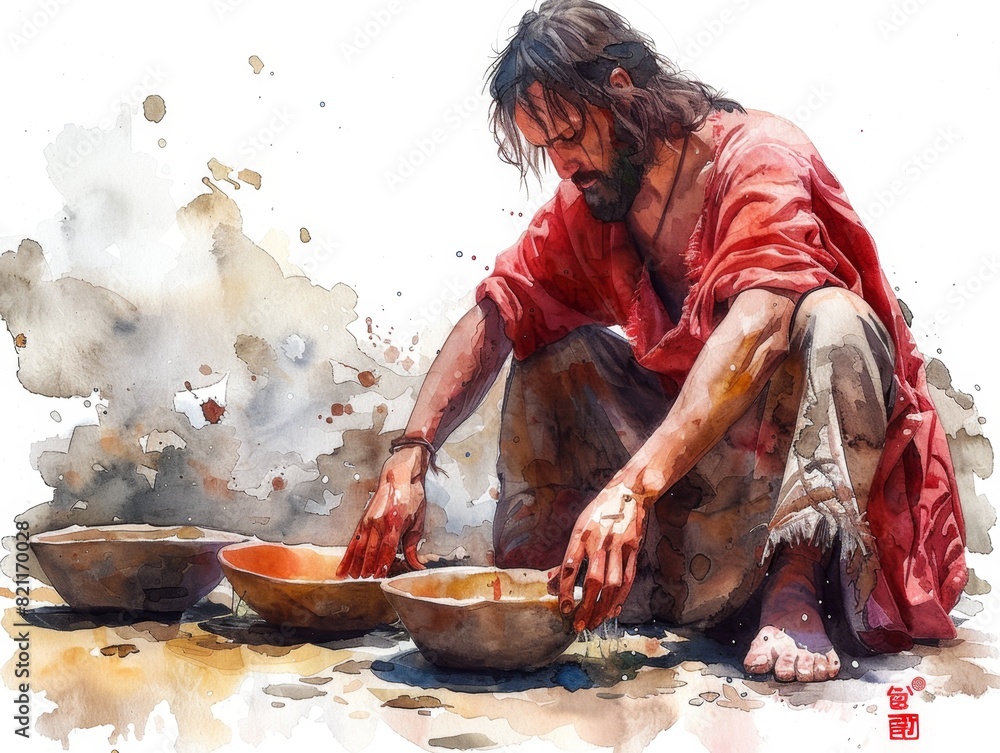 Jesus Washing Disciples' Feet - Digital Watercolor Painting of Maundy ...