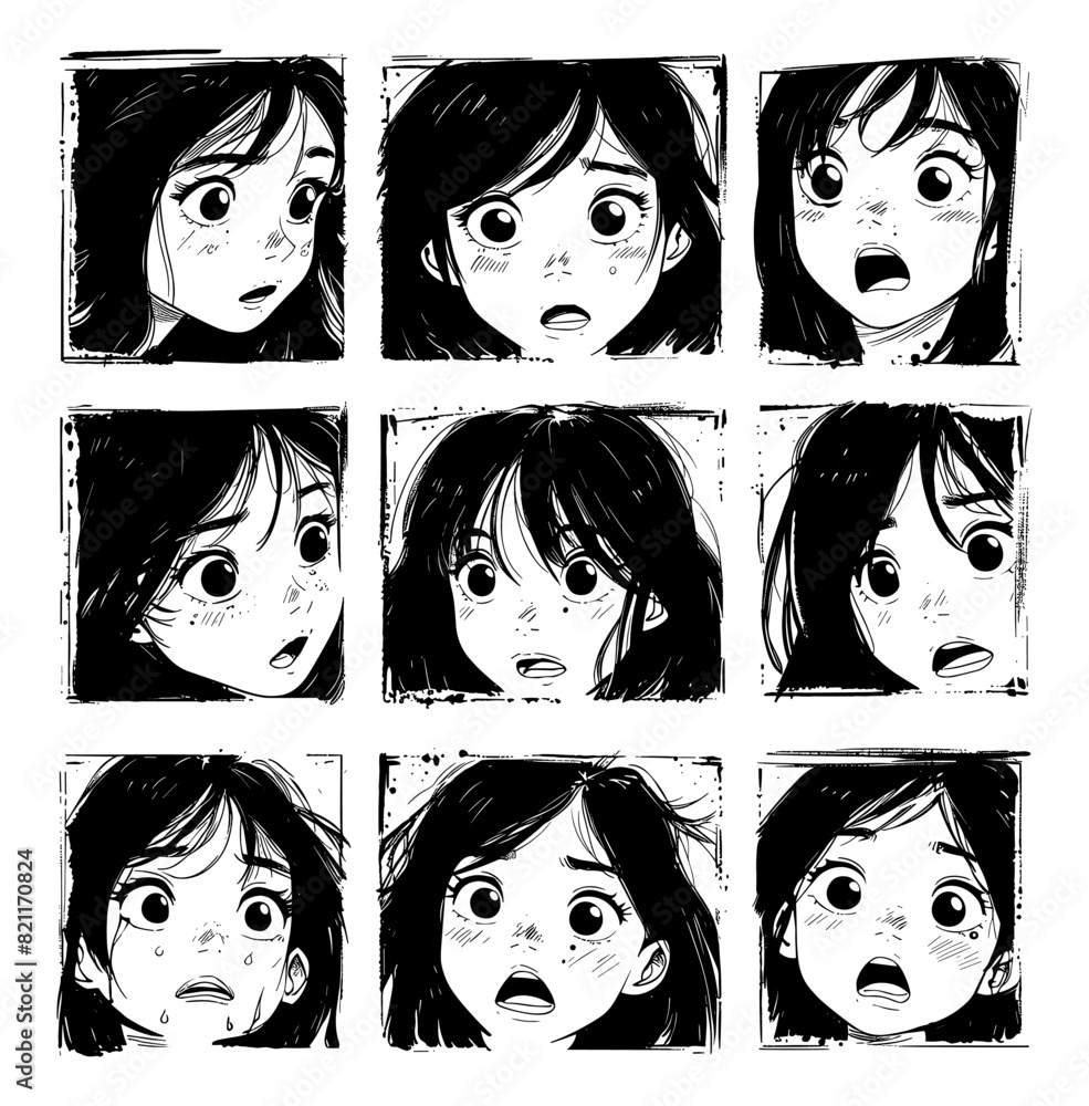 Anime girl face comic ink sketch vector set. Young woman long hair big ...