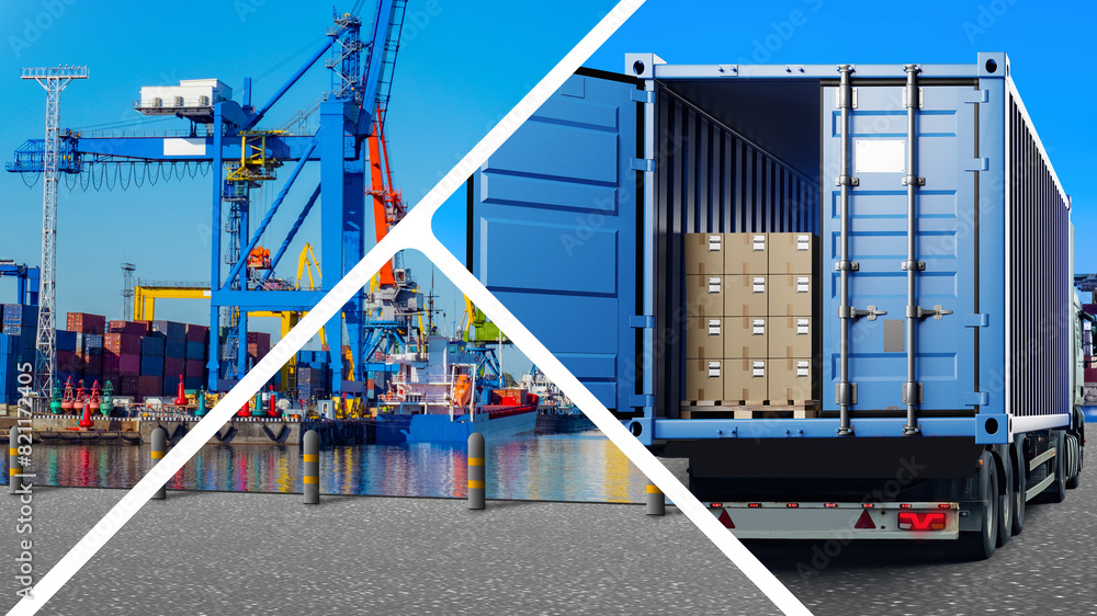 Truck in seaport. Logistics berth. Freight harbor. Boxes in back of ...