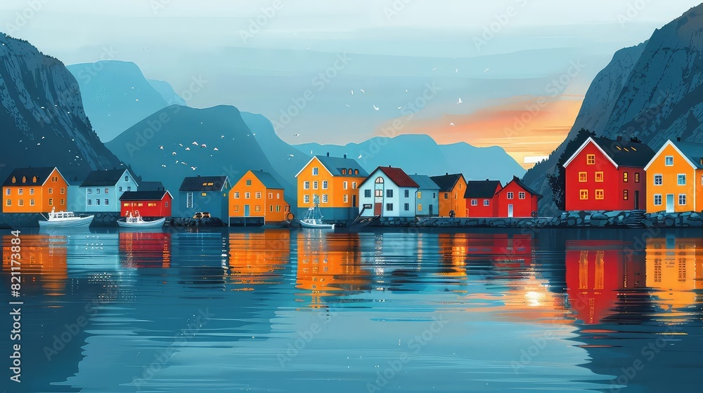 Fjord with fishing village flat design front view coastal life theme ...