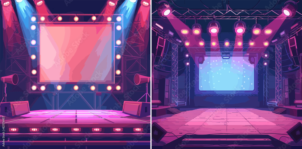 Concert stage cartoon vector illustrations. Screen large monitor ...
