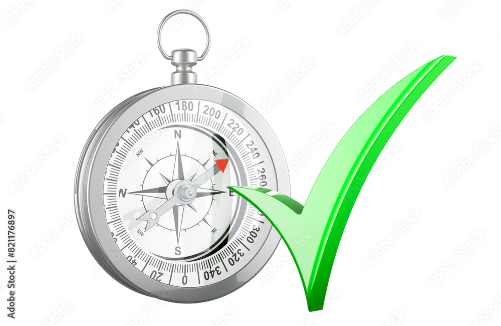 Compass with green check mark. 3D rendering isolated on transparent ...