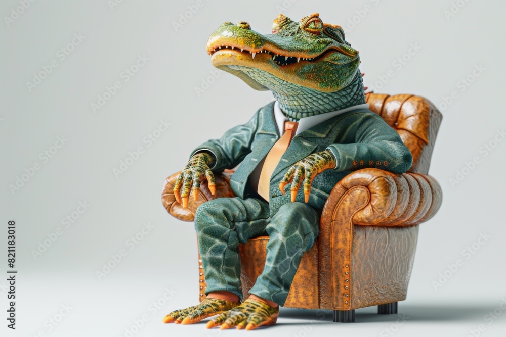 The image shows an anthropomorphic alligator in a suit sitting in a ...