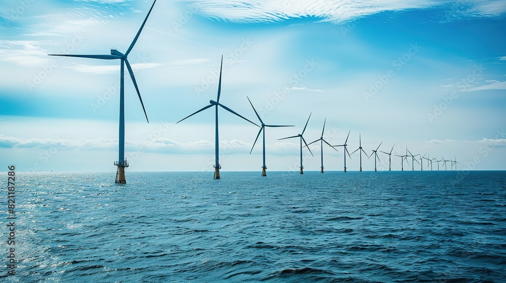 Offshore wind power and energy farm with many wind turbines on the ...