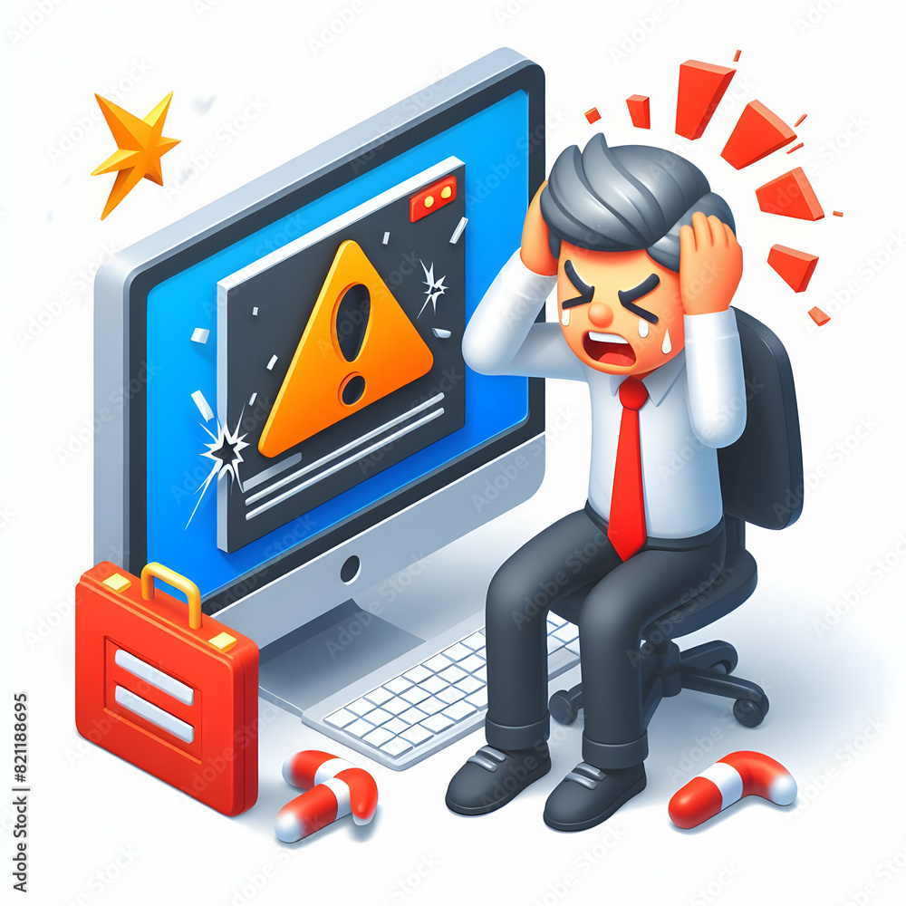 3D Flat Icon: Employee Reacting to Computer Crash Depicting Frustration ...