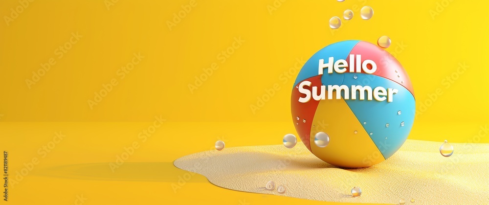 Hello Summer 3d text "Hello Summer" with a beach ball on a yellow ...