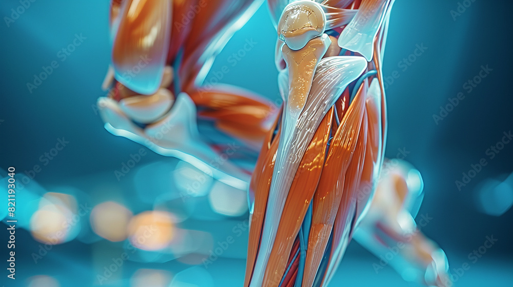 Close-up of a detailed human muscle anatomy model with focus on the leg ...