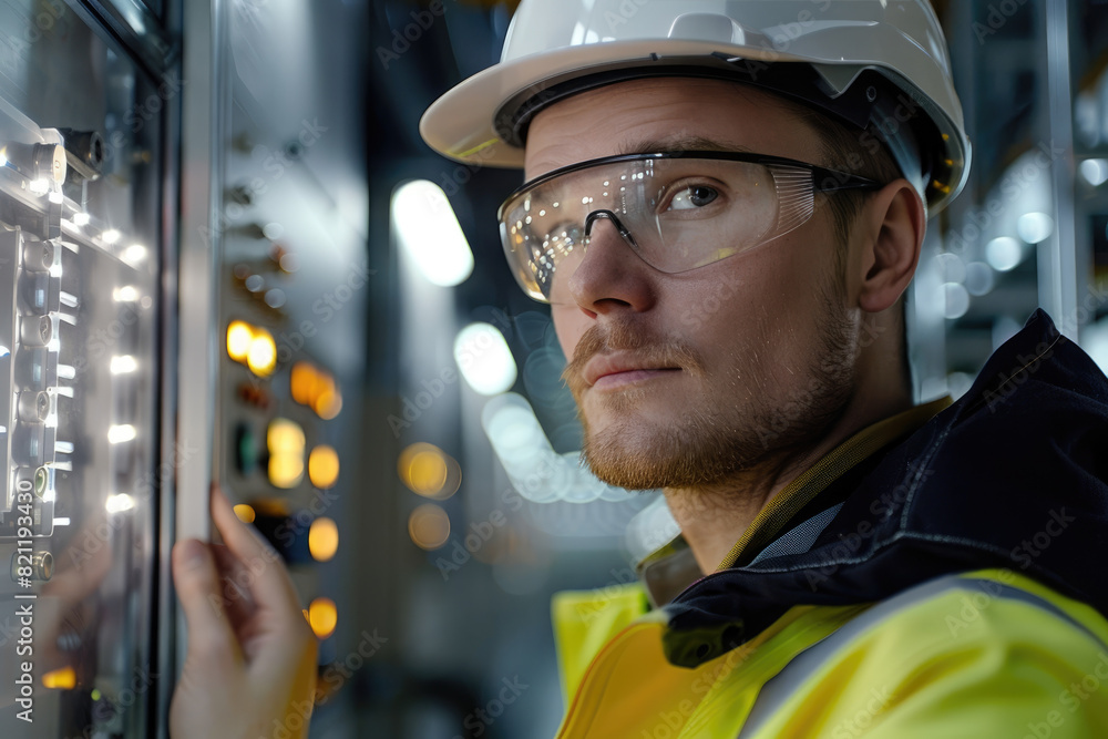 Technician with safety glasses and hard hat involved in electrical ...