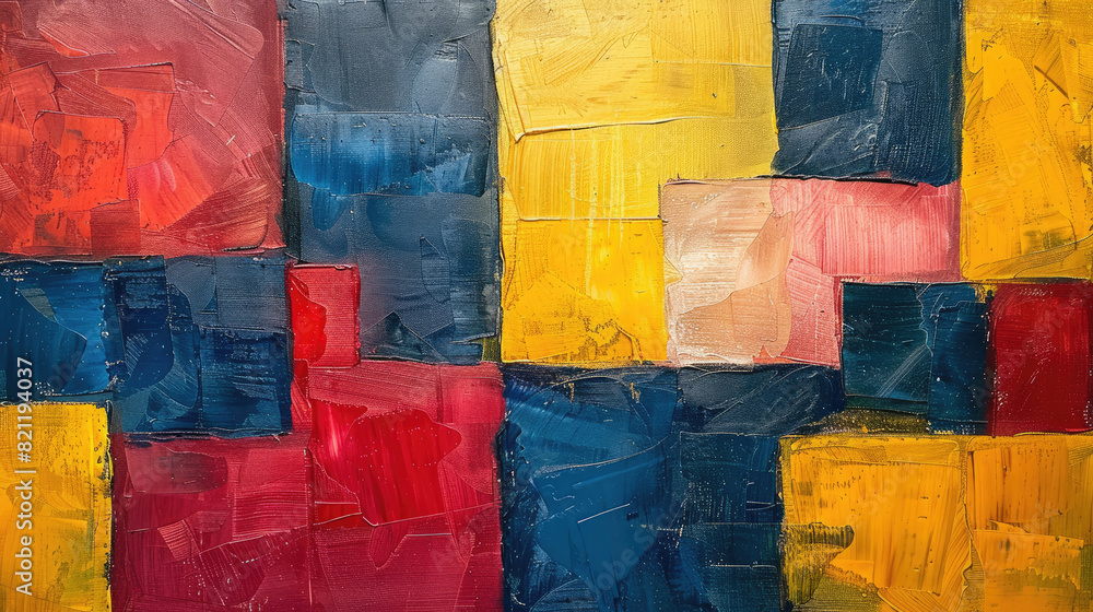 Vivid colors in a bold abstract painting with red and yellow blocks ...