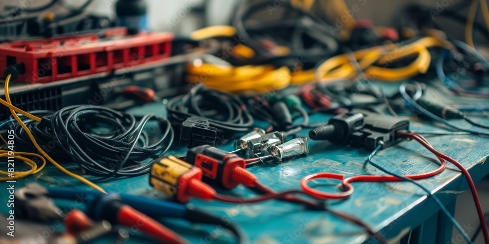 A cluttered workspace with various electrical tools and wires ...