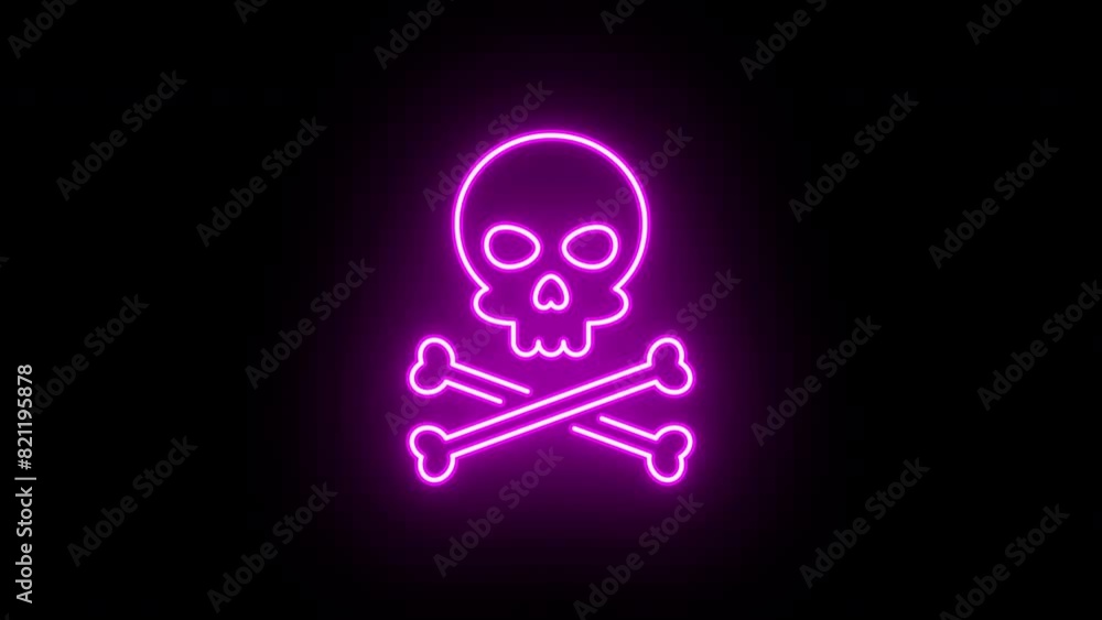 Neon skull crossbones icon animation, slow blink. Glowing neon jolly ...