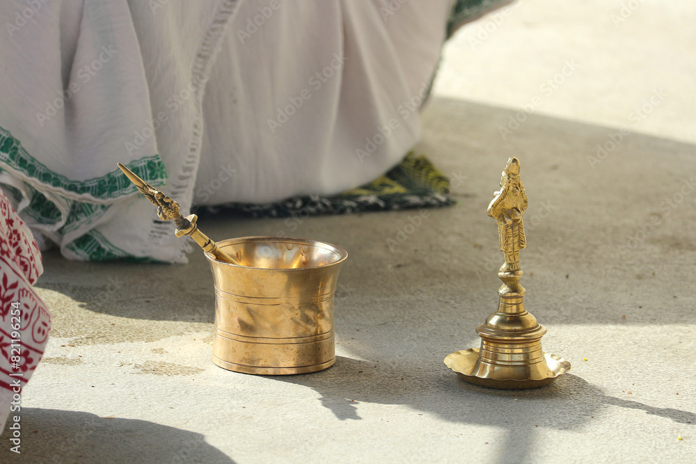 Paraphernalia for the ritual of puja or yagya in Hinduism - Ghanta and ...