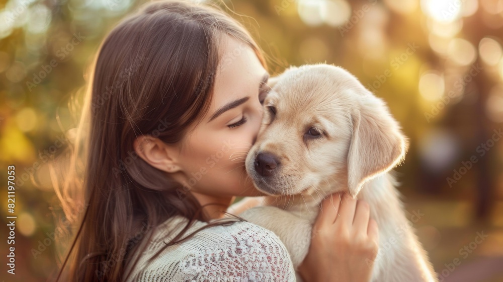 Lovable labrador retriever puppy giving its owner a big sloppy kiss on ...