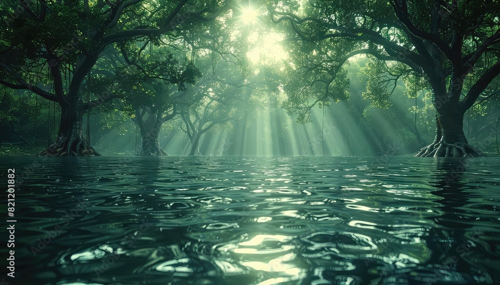 Mangrove Forest during high tide flat design front view submerged roots ...