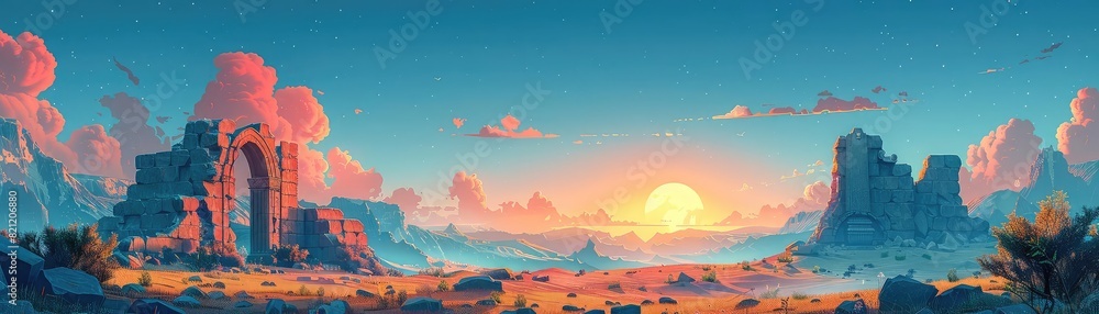 Moorland with ancient ruins flat design front view historical ...