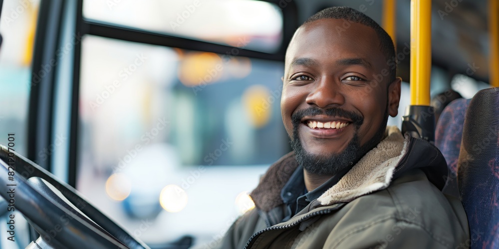 Cheerful bus driver smiling while in the driver's seat of a city bus ...