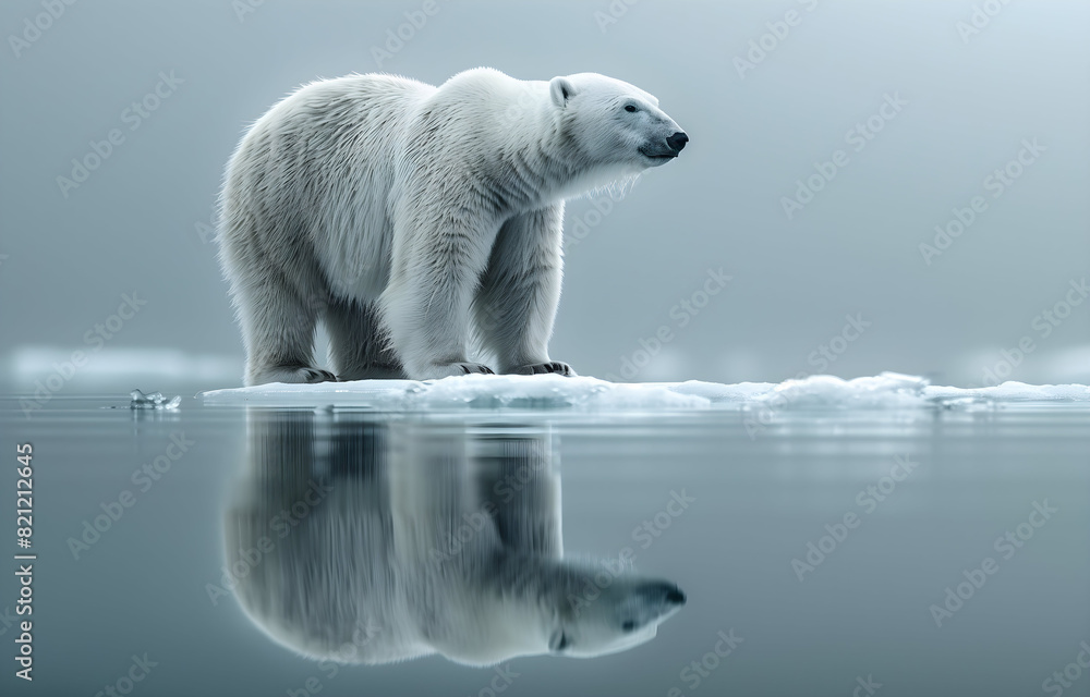 Polar bear on ice floe, reflection in the arctic sea, melting icebergs ...