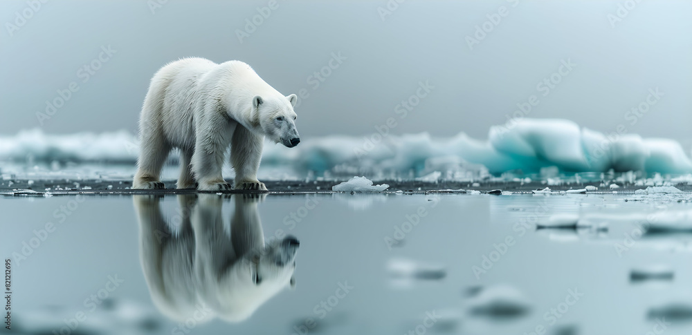Polar bear on ice floe, reflection in the arctic sea, melting icebergs ...