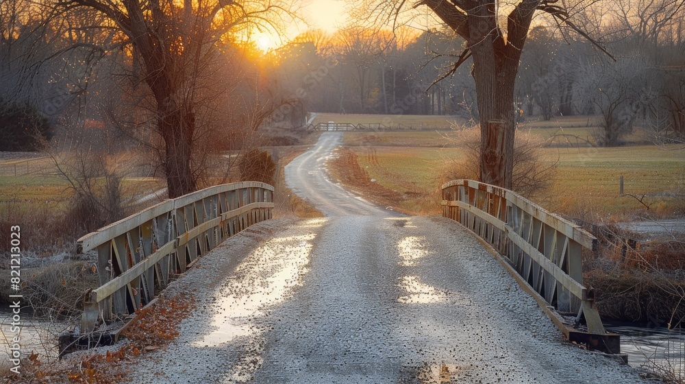 A gravel road crossing an old pebbled concrete two lane bridge on a ...