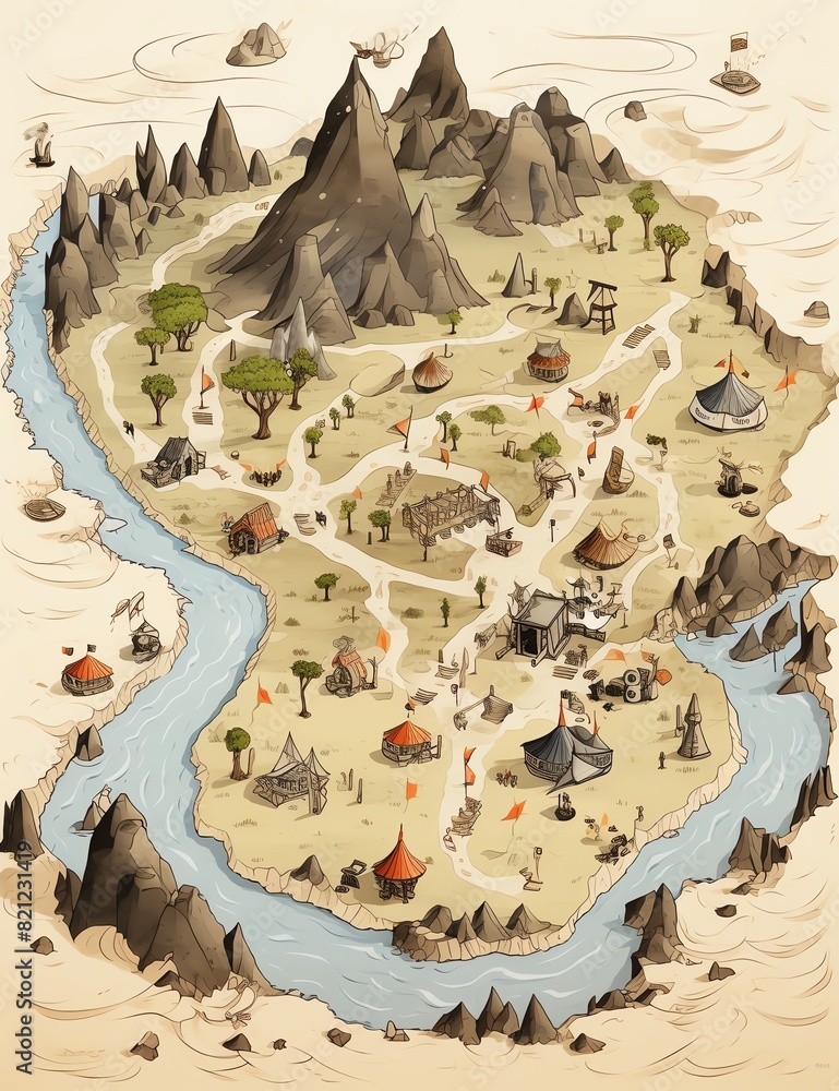 A detailed illustrated map of a fantasy island featuring mountains ...