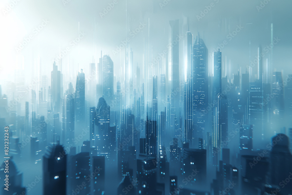A blue gradient background with glass buildings and financial charts in ...