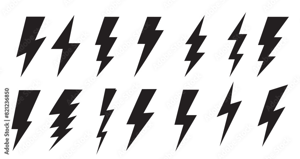 Lightning bolt icons set isolated on white background. Black flash ...
