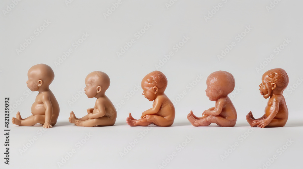 Five stages of human fetal development models arranged in a row on a ...