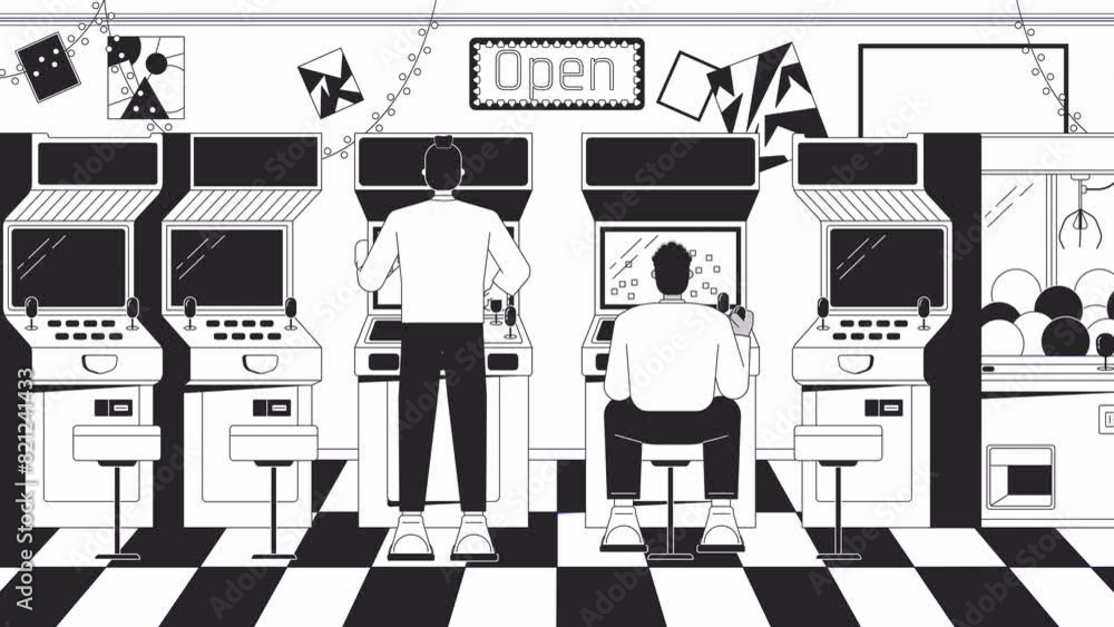 Play arcade machines bw lo fi animated background. Vintage gaming 80s ...
