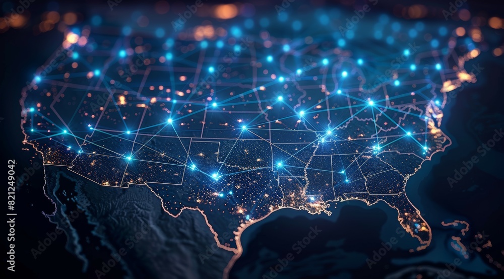 A map of the United States with a network of blue lines connecting the ...