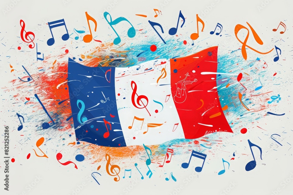 French flag with vibrant musical notes and abstract splashes ...