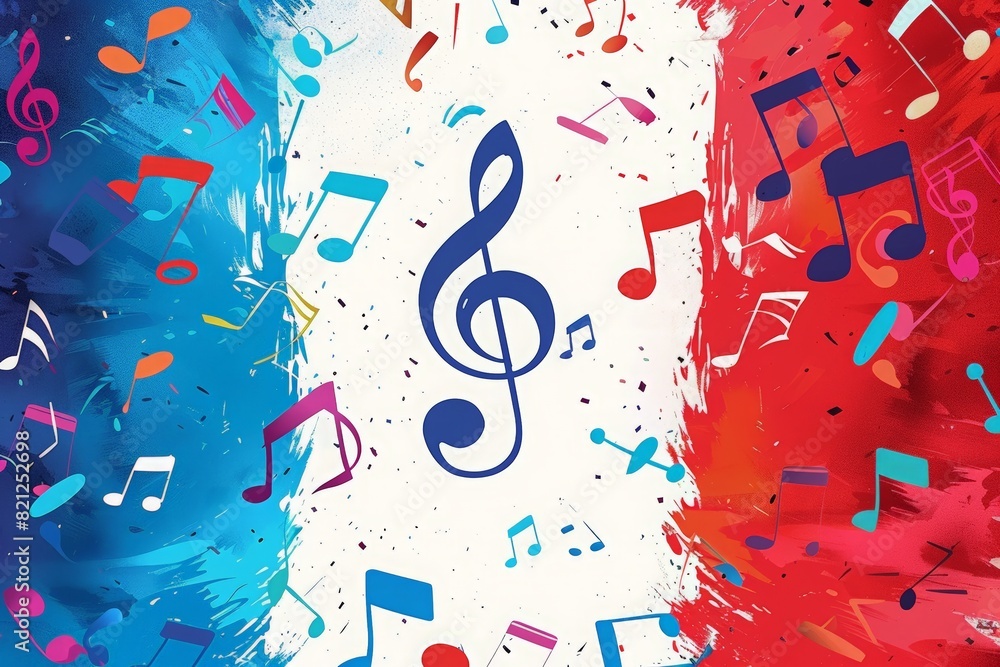 French flag with colorful musical notes and a large treble clef ...