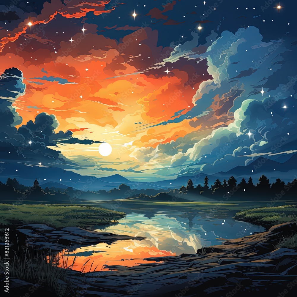 Cartoon drawing style japanese sky landscape with stars flat vector ...